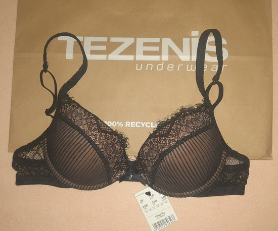 Tezenis crni bež, čipka,til push up 75B NOVO!%