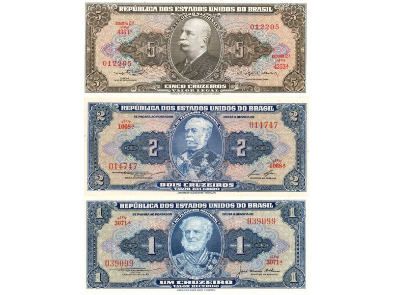 BRAZIL lot 1, 2 i 5 Cruzeiros 1954/1964 UNC