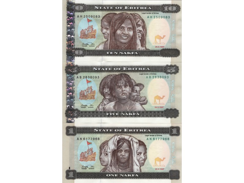 ERITREA 1, 5 i 10 Nakfa 1997 UNC, P-1, 2 i 3