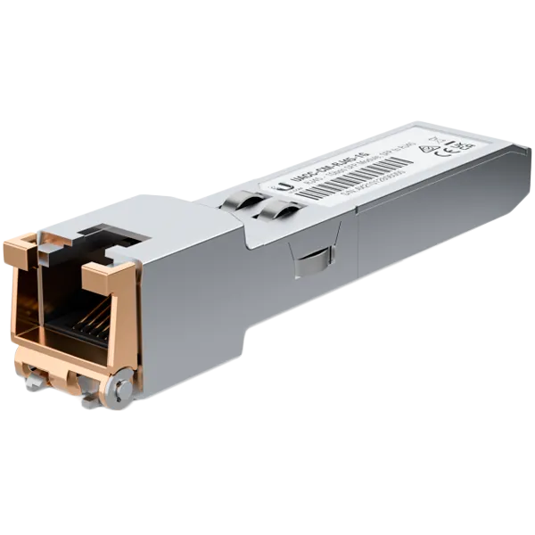 Ubiquiti UACC-CM-RJ45-1G SFP to RJ45 transceiver module that delivers 1 Gbps speed via a converted Ethernet connection.
