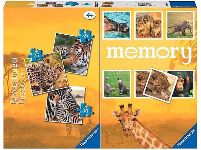 2u1 Društvena igra Memorija + 3 Puzzle Savana Ravensburger 20996