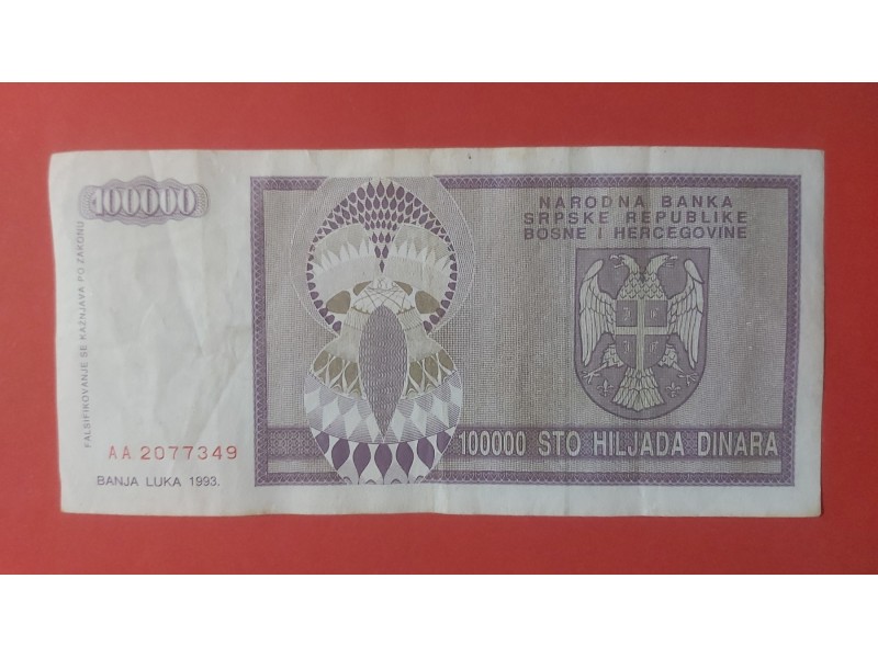 100.000 dinara 1993 god Republika Srpska Vf