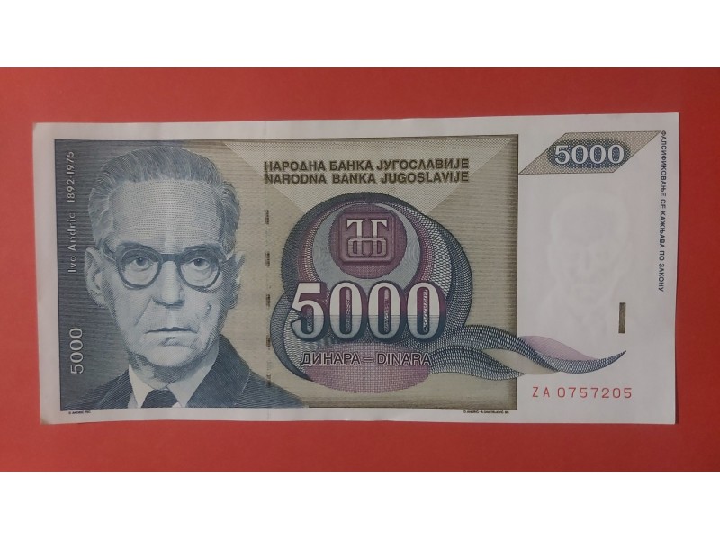 ZA 5.000 dinara 1992 god SRJ Andrić XF