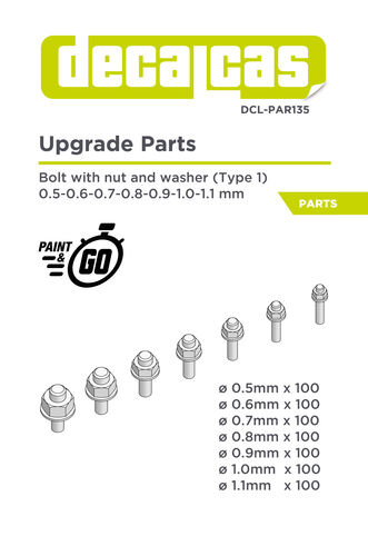 Decalcas PAR135 Bolt With Nut and Washer Type 1 - 0.5 / 0.6 / 0.7 / 0.8 / 0.9 / 1.0 and 1.1 mm (700 pcs)