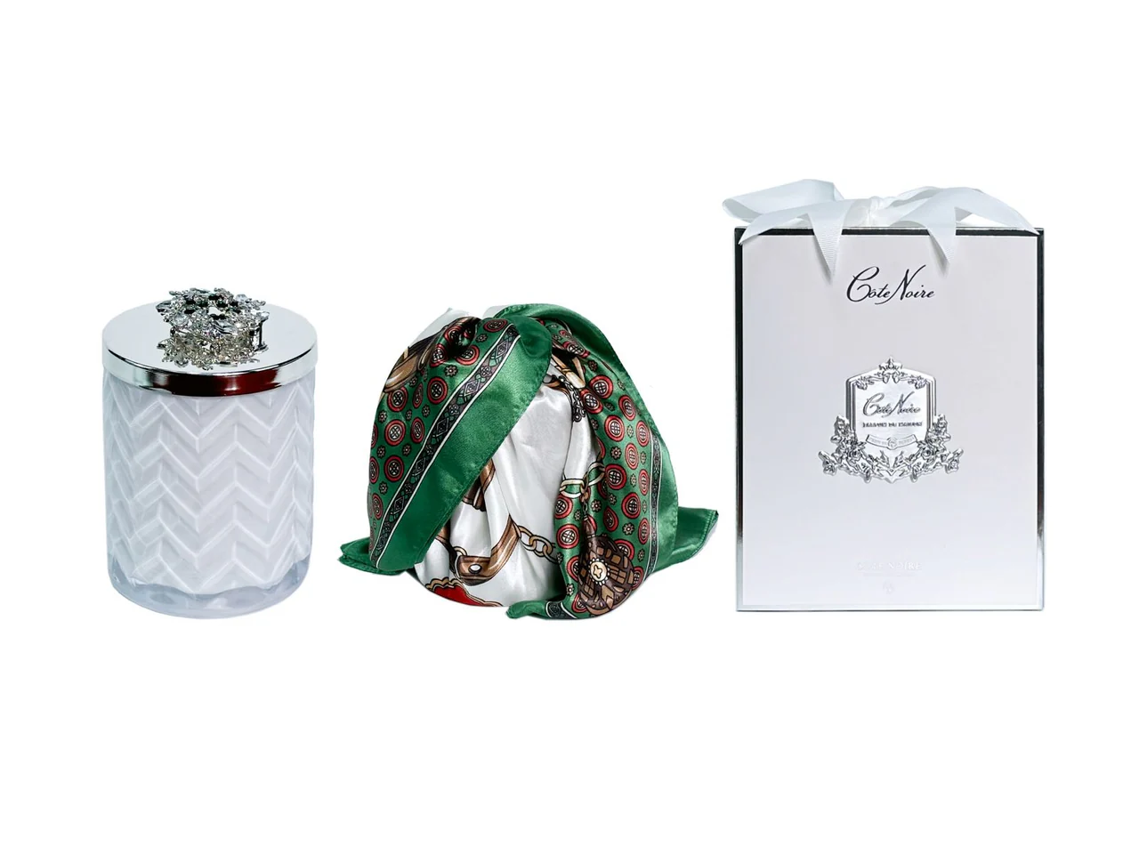 Cote Noire Herringbone Candle with Scarf Belle Epoque White and Silver Flower lid – Sveća