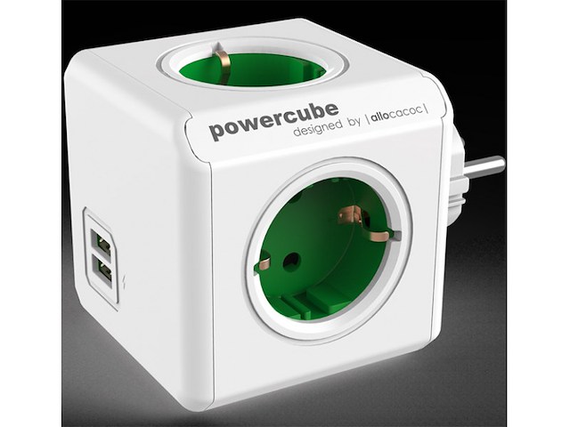 PowerCube produžni bez kabla 4 x šuko 2xUSB zelena