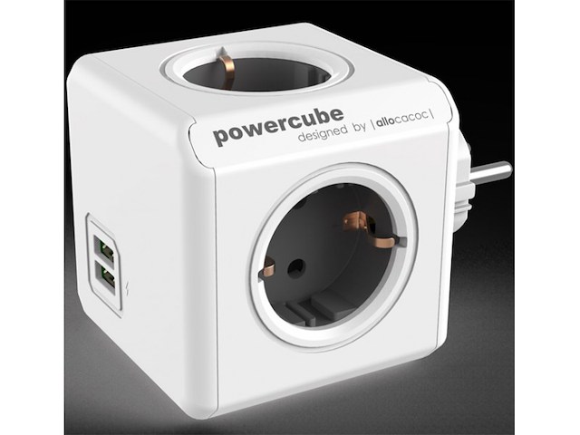 PowerCube produžni bez kabla 4 x šuko 2xUSB siva