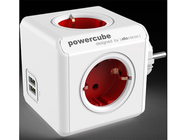 PowerCube produžni bez kabla 4 x šuko 2xUSB crvena