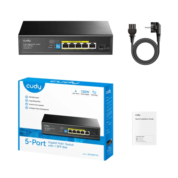 Svič 10/100/1000 5-port Cudy GS1005PTS1 4xPoE+ sa 1 SFP port/120W
