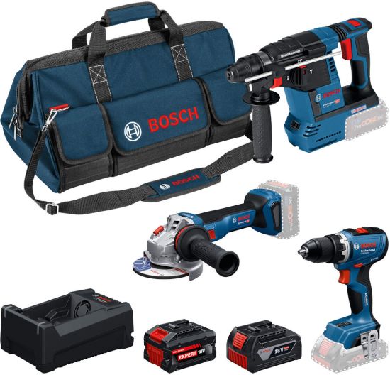 Akumulatorski set Bosch GSR 18V-65 + GBH 18V-26 + GWS 18V-11 + 1 x GBA 18V 5,0Ah + 1 x EXBA 18V 5,5Ah + torba (0615A500AJ)