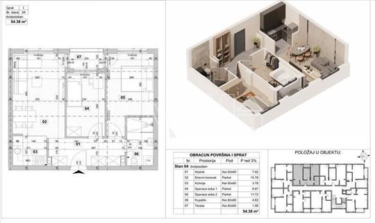 Stan,Novi Sad,Telep Južni,kv: 54.00, € 131600
