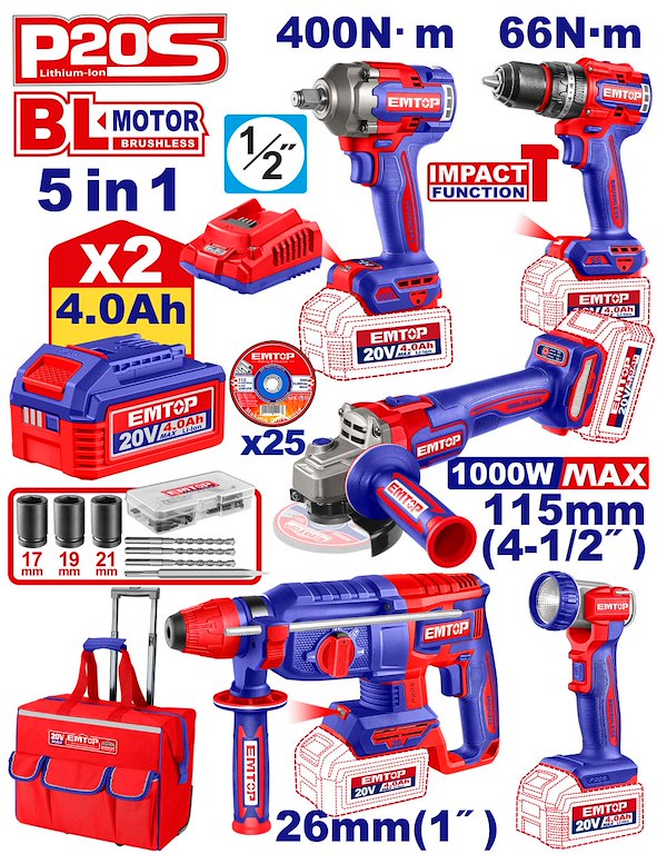 Set od 5 akumulatorskih alata ECKL2059 Emtop