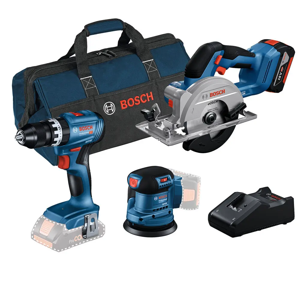 Bosch Set aku alata Bušilica odvrtač GSB 18V, Ekscentrična brusilica GEX 18V i Kružna testera GKS 18V, 1×4.0Ah, Punjač GAL 18V-40, L-BOXX 136