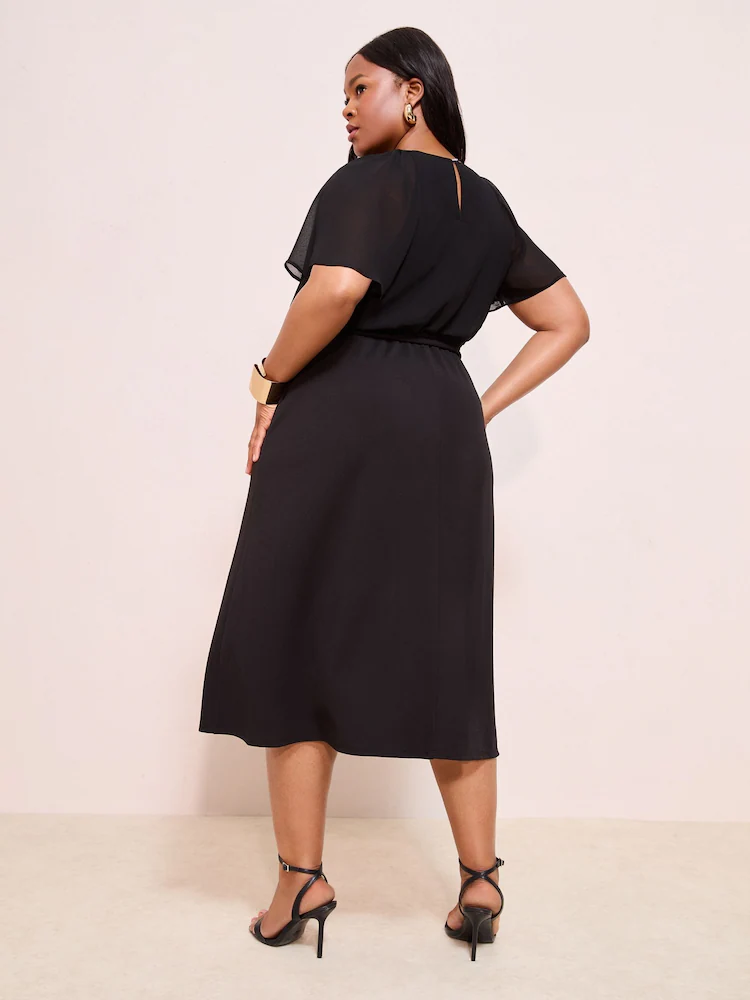 Crno - Friends Like These Jersey Chiffon Flutter Sleeve Midi haljina