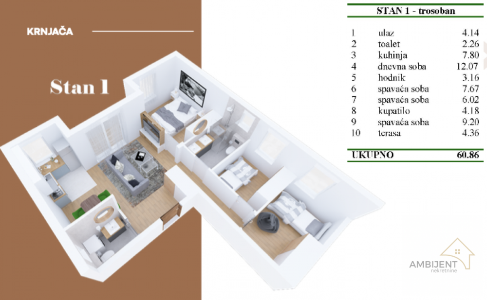 Trosoban stan na prodaju, 60m2, 106.505€