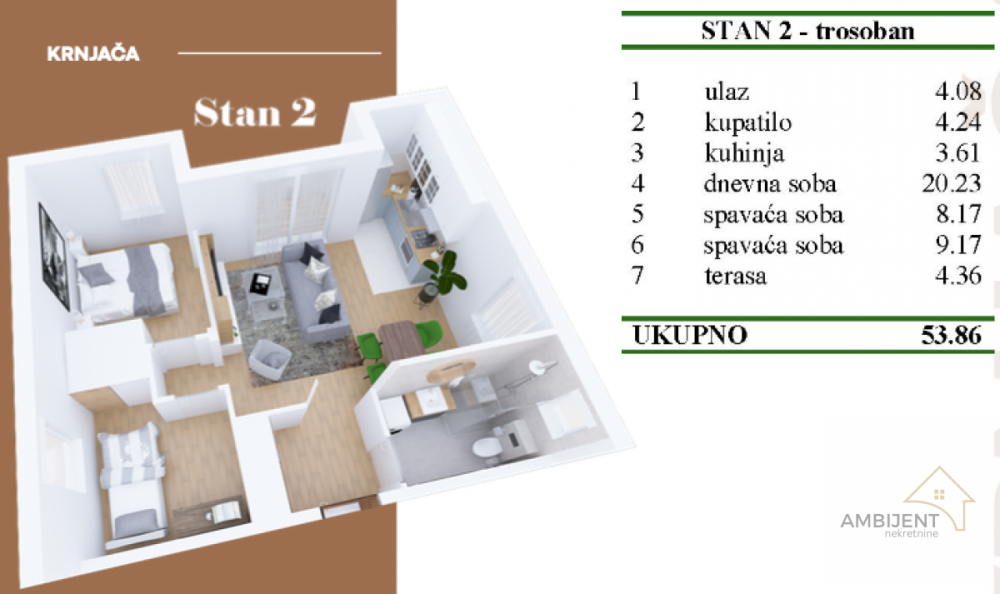 Trosoban stan na prodaju, 53m2, 94.255€