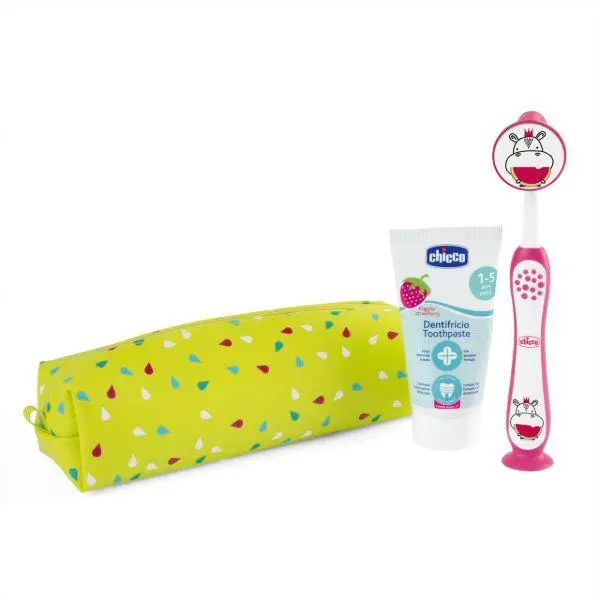 Chicco Set za pranje zuba za bebe Pasta i četkica za zube Hippo, Roze