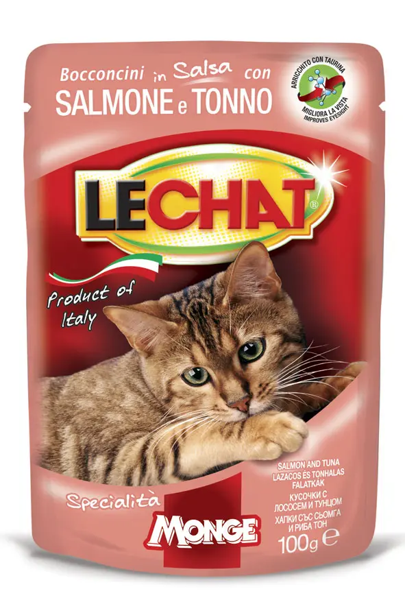 LeChat Vlažna hrana za mačke, Tuna i losos u sosu, 100gr