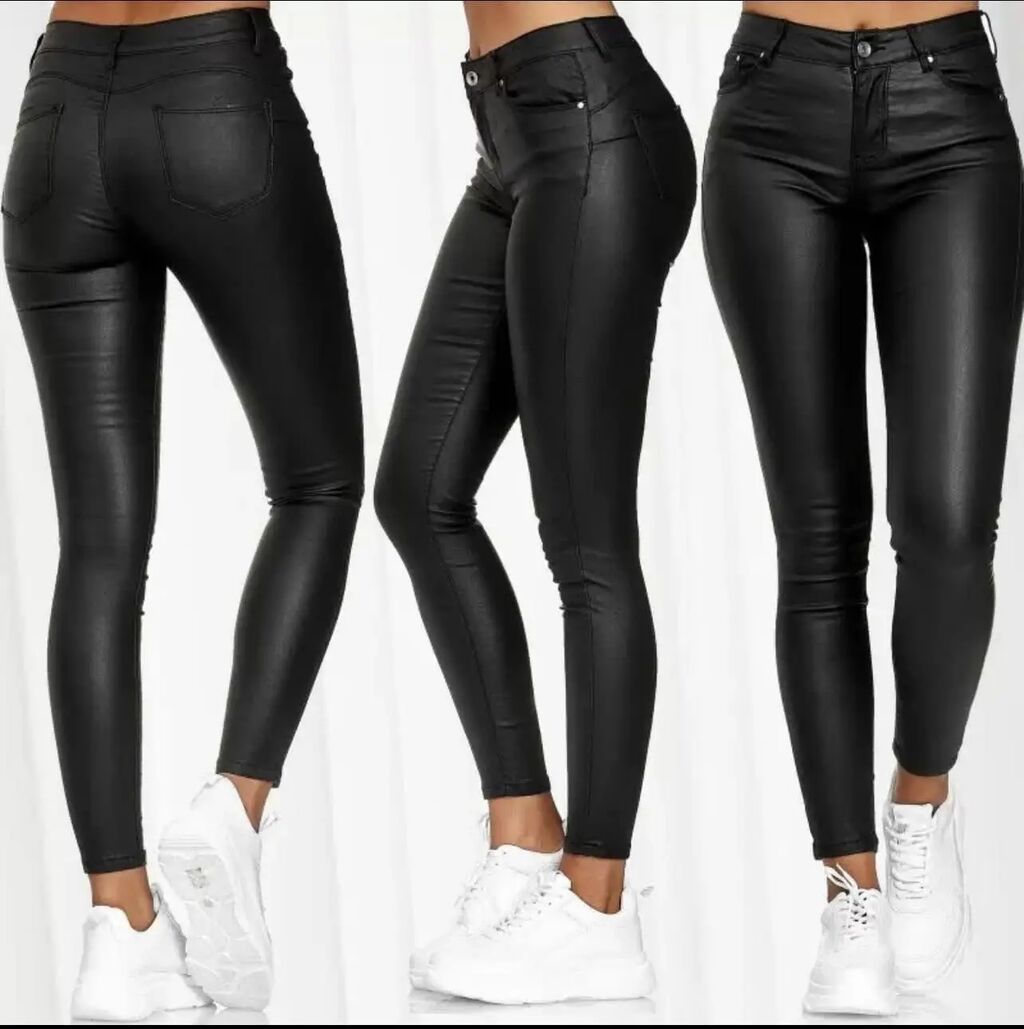 Ženske uske pantalone sa visokim strukom, izgled kože. S, M, L, XL -
