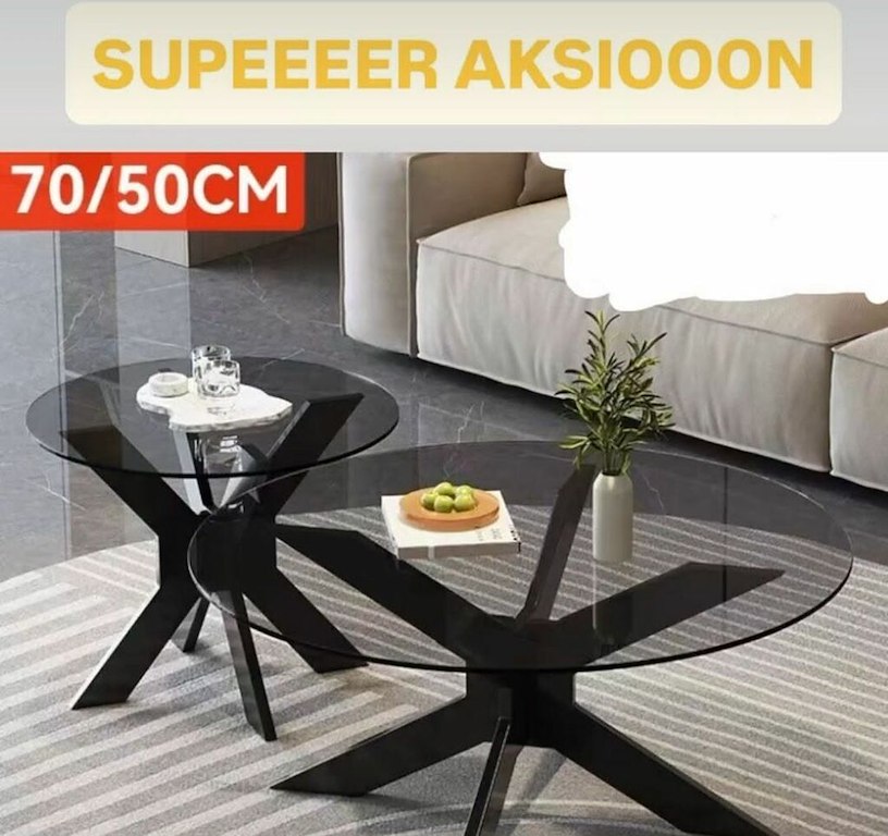 Stakleni klub sto – set od dva komada (prečnici 70 cm i 50 cm) -