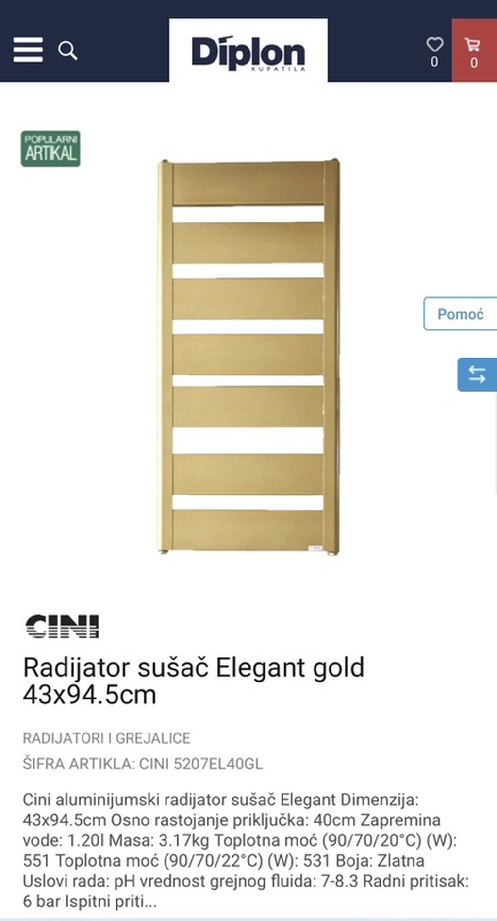 CINI aluminijumski radijator-sušac Elegant Gold 43 x 94,5 cm - Tip