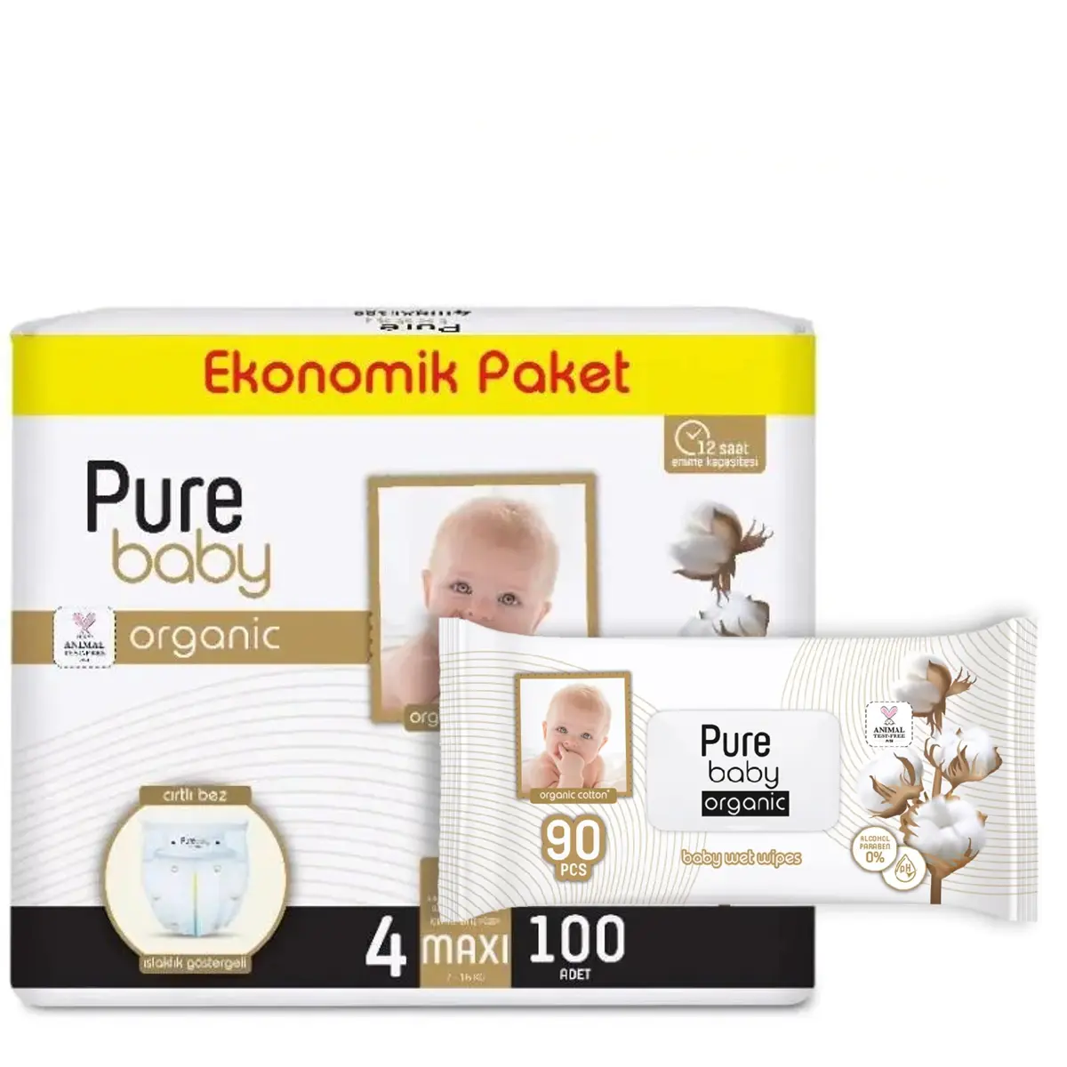Pure Baby Pelene Organic 4, 100/1 + Vlažne maramice Organic, 90/1