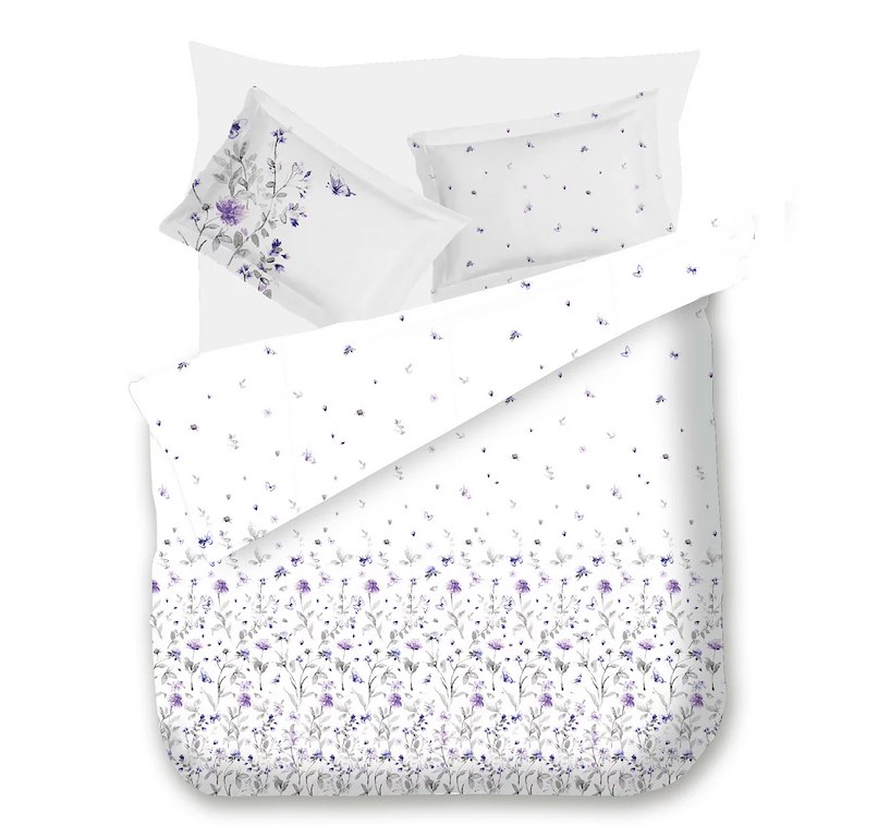 POSTELJINA FLORA LILA 140/200 cm saten siva, bela, ljubičasta