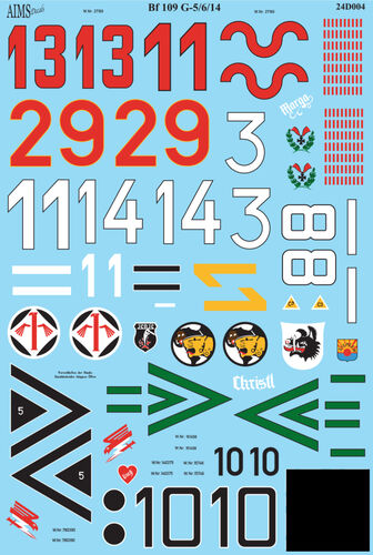 NEW! Aims 24D004 Messerschmitt Bf-109 G-5 / G-6R3 / R6 / G-8 / G-14 Decals Set