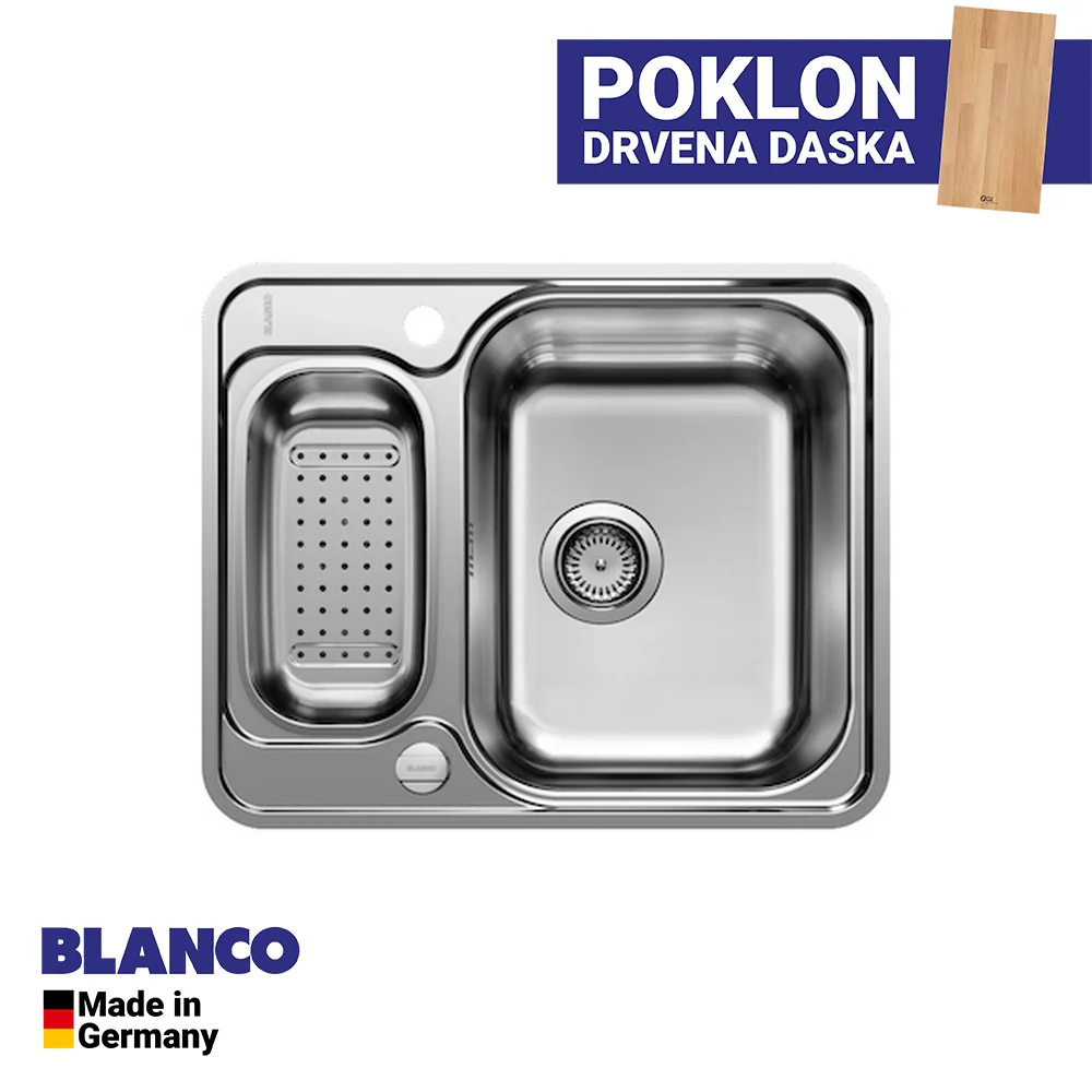 Inox sudopera Blanco LANTOS 6-IF sa podizačem čepa + pribor + drvena daska - 593x488x160