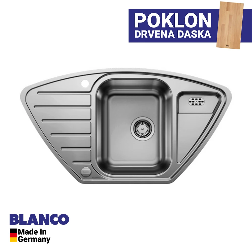 Inox sudopera Blanco LANTOS 9 E-IF sa podizačem čepa + drvena daska - 930x510x170