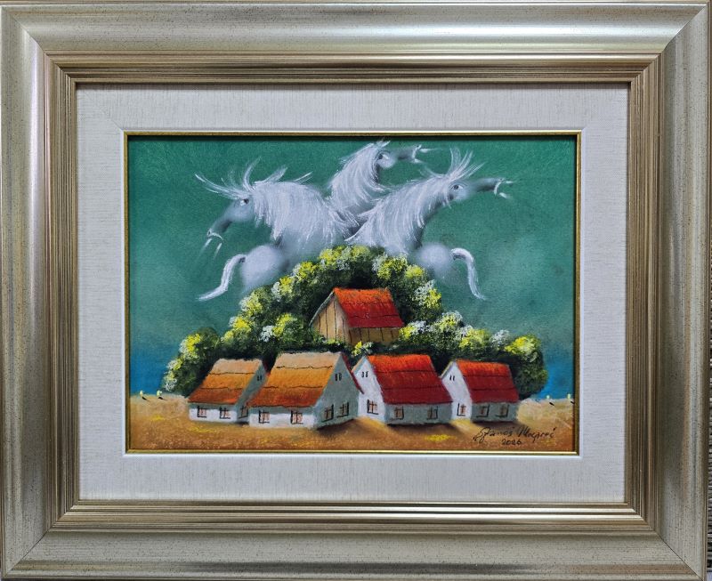 Zelena porodica III, Janoš Mesaroš, kombinovana tehnika lak pastel, luksuzno uramljen, sa 46×56 cm, bez 25×35 cm, sertifikat, 35400 dinara