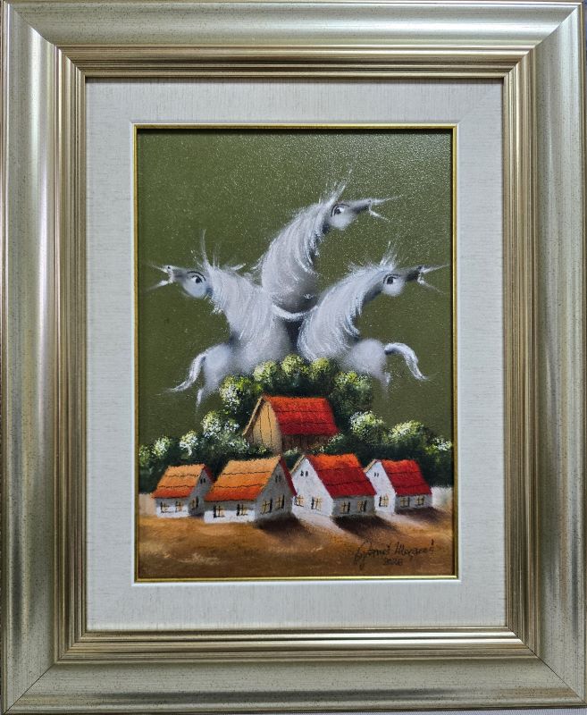 Tri bela konja III, Janoš Mesaroš, kombinovana tehnika lak pastel, luksuzno uramljen, sa 56×46 cm, bez 35×25 cm, sertifikat, 35400 dinara