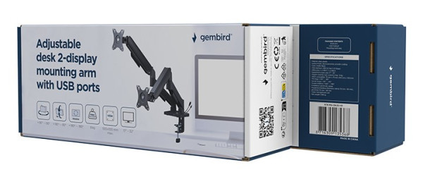 MA-DA2U-01 Gembird Podesivi stoni nosac za 2 monitora sa USB portovima, 17-32, 9kg