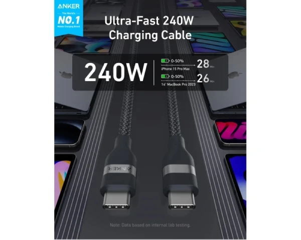 ANKER USB tip-C kabl MM 1.8m, za Super brzo punjenje 240W480Mbps, pleteni, crni