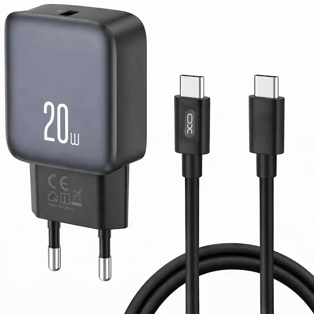 XO L153 USB Tip C kućni punjač 20W PD + Tip C kabl crni