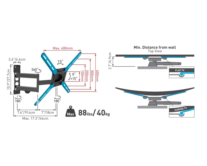 BARKAN 3400W.W LCD TV zglobni zidni nosač do 65 inča za ravne i zakrivljene televizore