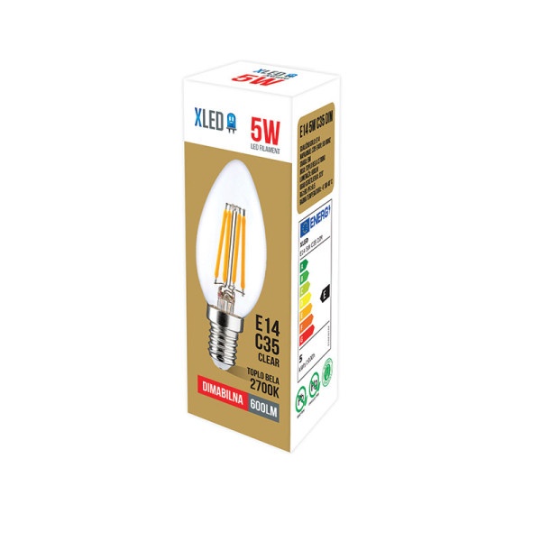 Xled E14 5W C35 Filament Sijalica dimabilna,2700K,220V,600Lm,35*98mm,Ra≥80 PF≥0.5 Clear