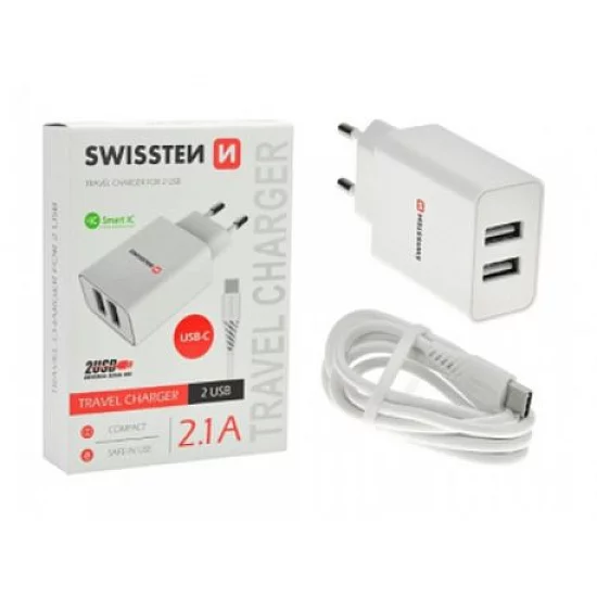 SWISSTEN KUĆNI PUNJAČ 2.1A 2XUSB TYPE-C (BELA) CENA