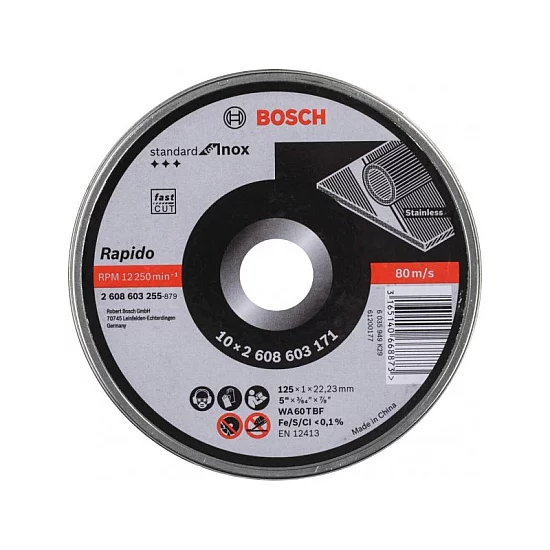 BOSCH REZNA PLOČA RAVNA STANDARD FOR INOX - RAPIDO WA 60 T BF, 125X1,0 MM PAKOVANJE OD 10 KOMADA - 2608603255