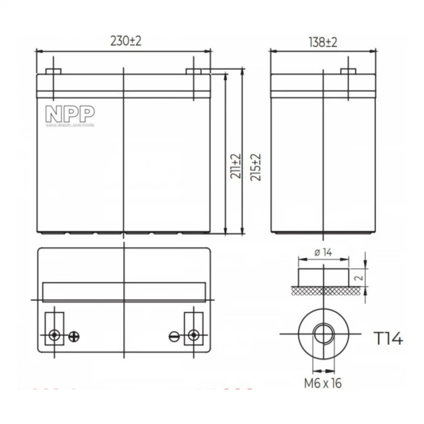 NPP NPG12V-55Ah, GEL BATTERY, C20=55AH, T14, 230*138*208*212, 15KG, Light grey