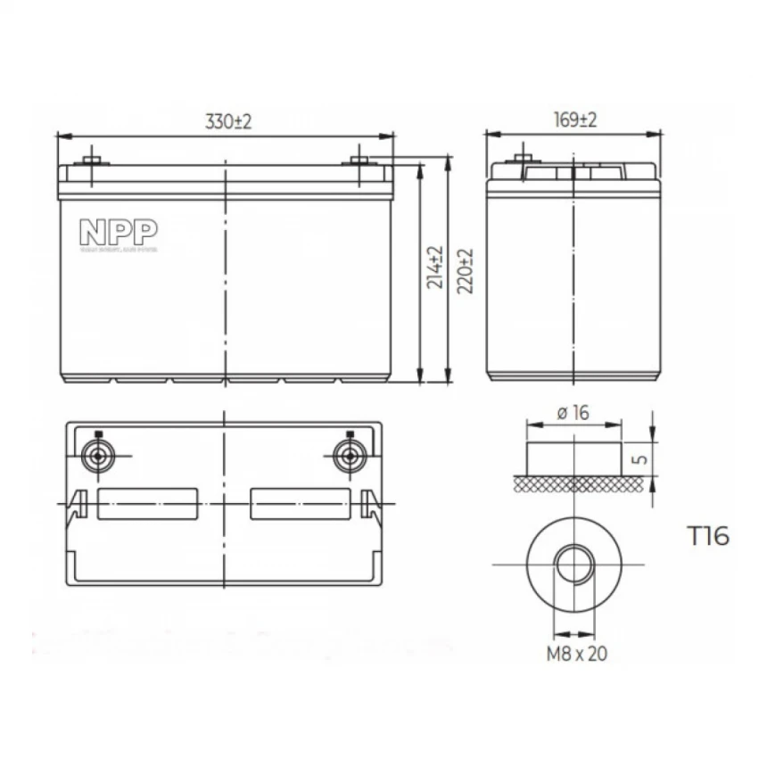 NPP NPG12V-100Ah, GEL BATTERY, C20=100AH, T16, 330x171x214x220, 27,3KG, Light grey