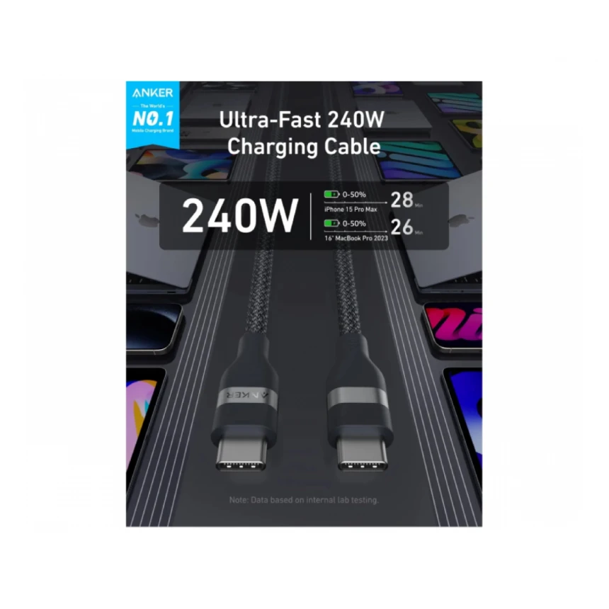 ANKER USB tip-C kabl M/M 1.8m, za Super brzo punjenje 240W/480Mbps, pleteni, crni