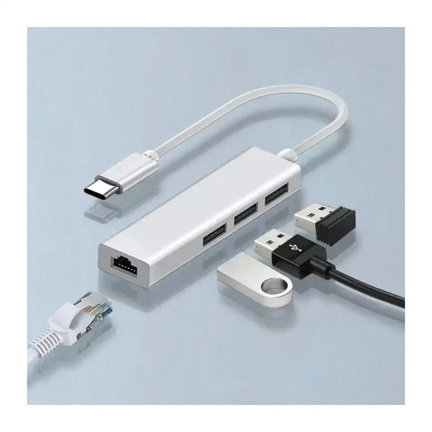 Adapter konverter Tip C -RJ45 100mb/2xUSB 2.0/1xUSB 3.0 Kettz