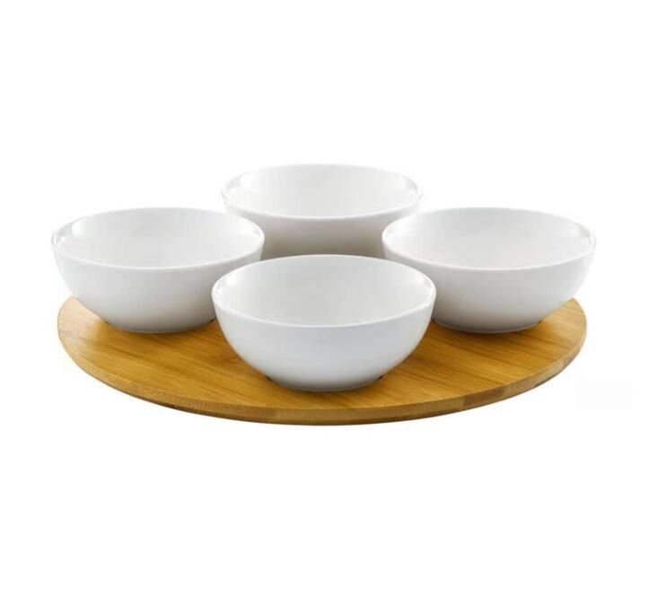 DAJAR PORCELANSKI SET 4 OVALNE ČINIJE SA DASKOM OD BAMBUSA DJ45576