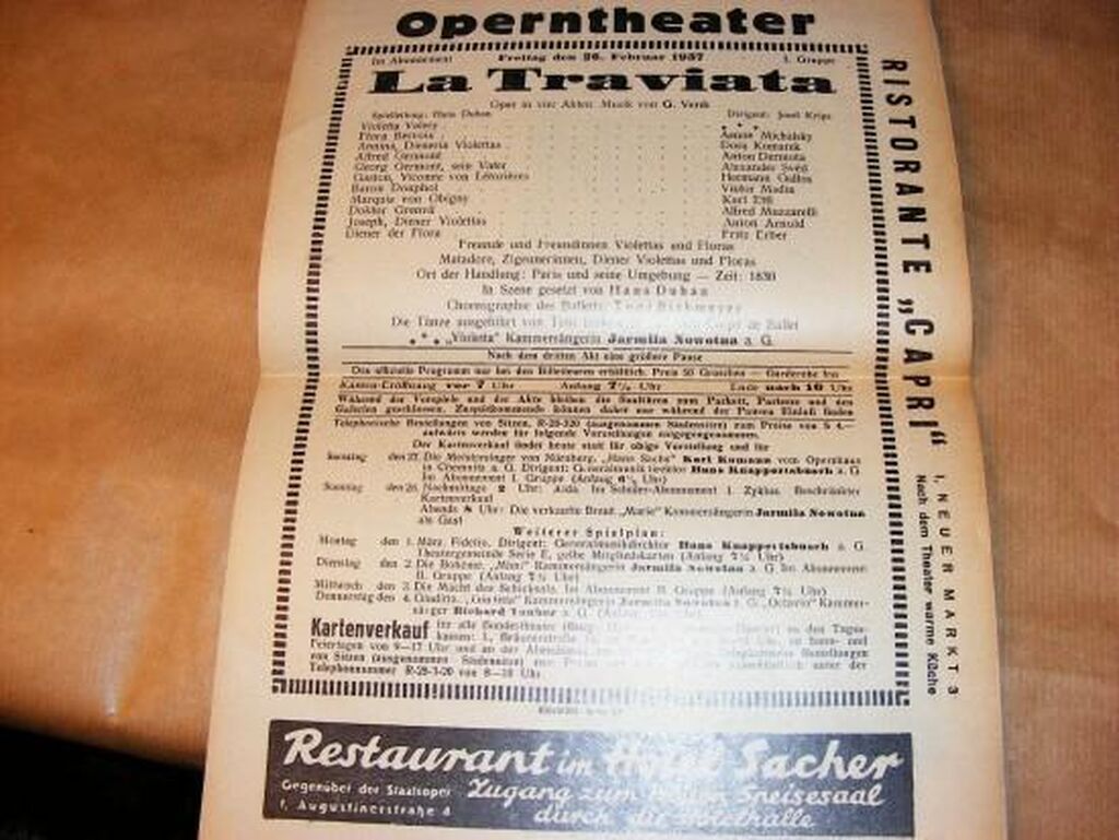 Opern Theater Offizielles Programm La Traviata 26. februar 1937