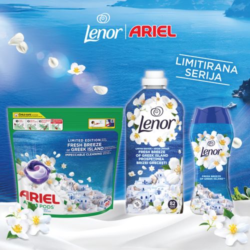 Lenor Fresh Breeze of Greek Island omekšivaš 82 pranja+ Ariel kapsule za veš Fresh Breeze of Greek Island 60 kom+Lenor FE Liquid Fresh Breeze 82w
