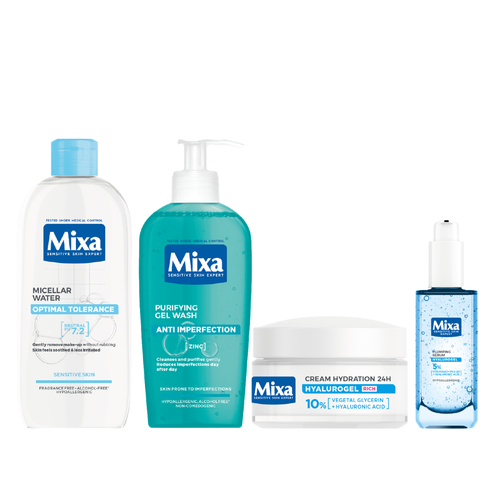 Mixa set- Mixa gel za problematičnu kožu 200ml, Mixa Hyalu Riche krema za lice 50ml, Mixa Opt Tol micelarna voda 400ml i Mixa Hyalurogel serum za lice 30ml