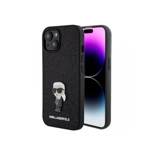 KARL LAGERFELD Maska za iPhone 15 IKONIK FIXED GLITTER IKONIK LOGO METAL PIN BLACK