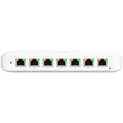 Ubiquiti USW-Ultra-210W-EU compact, Layer 2, 8-port GbE PoE switch with versatile mounting options, 7x GbE PoE+ output ports, GbE port with optional PoE++ input, 202W PoE availability with the inc...