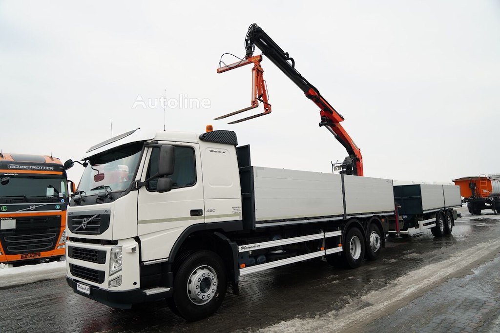 Volvo FM 450 /  ZESTAW SKRZYNIOWY / HDS PALFINGER PK 16001-K / ROTATO kamion s ravnom platformom + prikolica sa ravnom platformom
